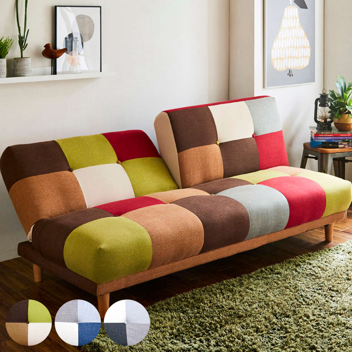 サイズ約 幅180×奥行100×高さ76（cm）座面高：約 36（cm）リクライニング機能付き：奥行 約79〜100cm脚高：約14cm重量約 36kg内容量1台材質生地：ファブリック（ポリエステル100％）座面：Sバネ、ウレタン種類カラフ...