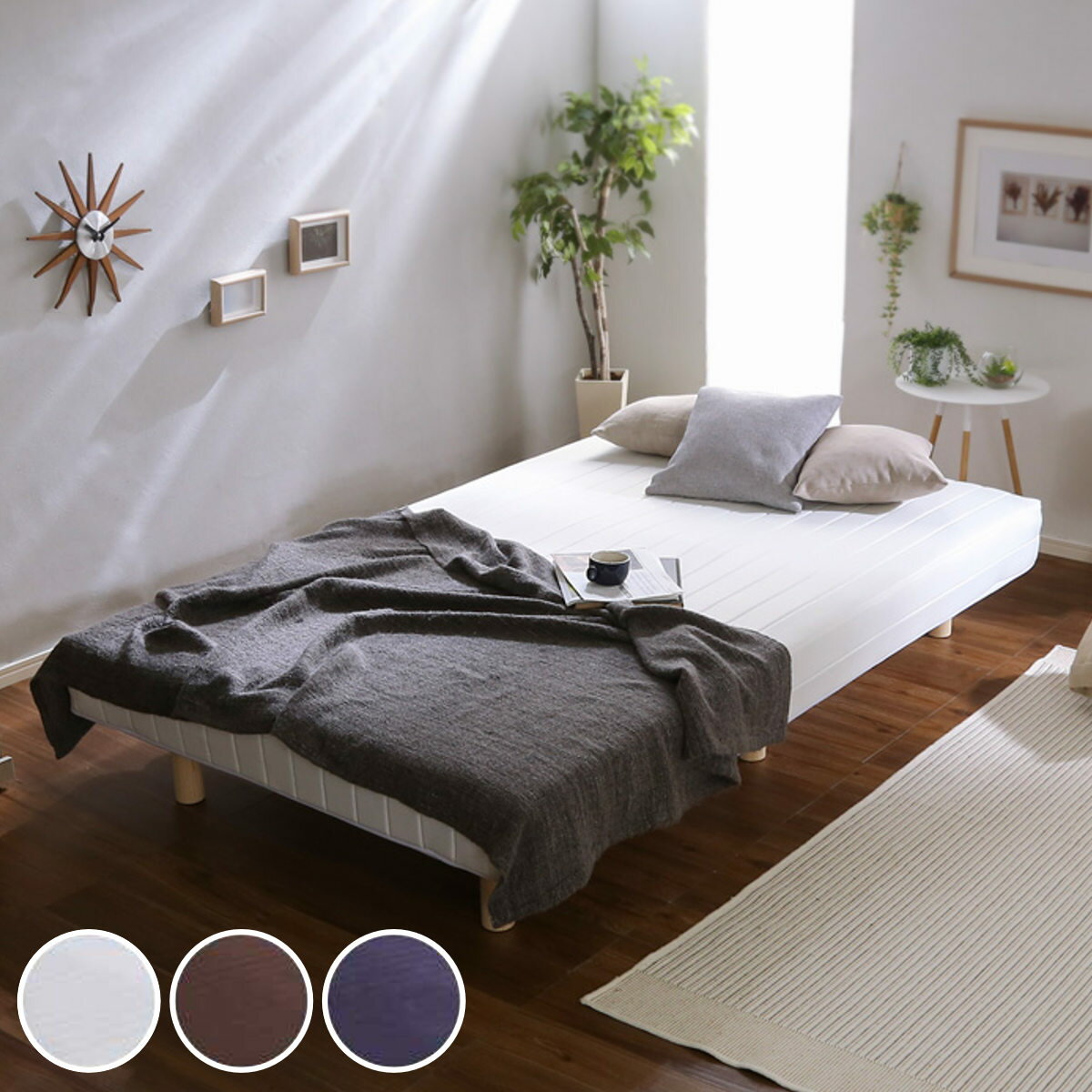 サイズ約 幅97×奥行195×高さ34.5（cm）重量約 25.3kg内容量1台材質本体：LVL、パイン（脚）張り材：ポリエステル100％クッション材：ボンネルコイル、ウレタン、フェルト、不織布種類ホワイト、ブラウン、ネイビー寝具のサイズシ...