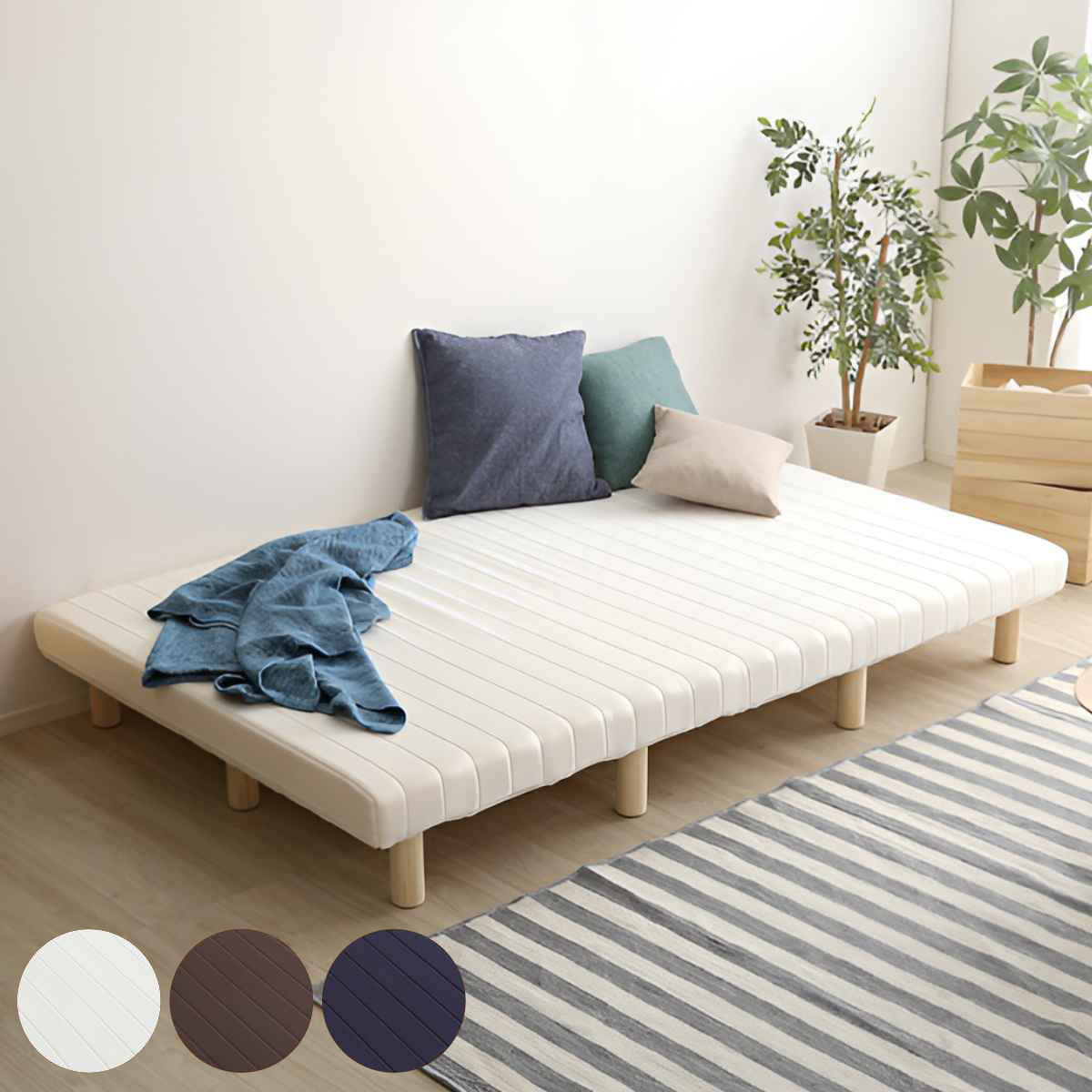 サイズ約 幅120×奥行195×高さ27（cm）重量約 23.7kg内容量1台材質張り材：ポリエステル100％クッション材：ウレタン、フェルト、不織布本体：LVL、パイン（脚）種類ホワイト、ブラウン、ネイビー寝具のサイズセミダブル耐荷重16...