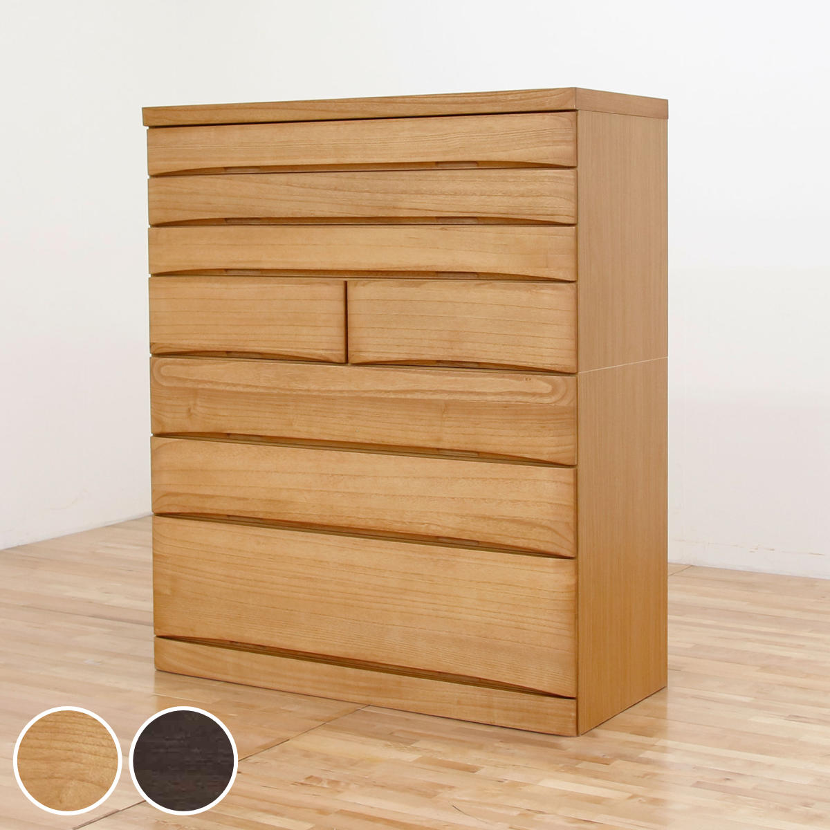 サイズ約 幅102.2×奥行44.4×高さ120.9（cm）内容量1台材質表面材：桐無垢天板：ポリ化粧合板塗装：ウレタン塗装引出し：桐箱組（ロッキング組）垣板16mm厚（桐無垢）底板 5mm厚（桐柾目突板）種類ナチュラル、ダークブラウン生産...