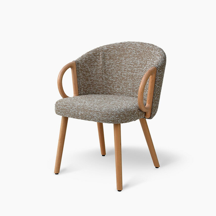 商品情報サイズ横幅59.5 奥行き59 高さ72.5 座面高さ44 cm材質張地：ポリエステル90%,ナイロン10%脚部：ビーチ材色ブラウンナチュラル商品説明丸みを帯びたデザインが特等的なセミアームチェア。アーム部分、背もたれ、シート全て丸...