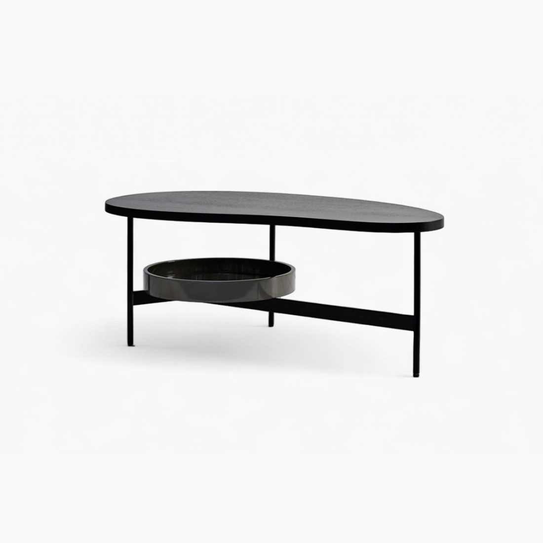 商品情報サイズ横幅110 奥行き60 高さ40 cm材質天板：オーク突板トレイ：ストーンウェアフレーム：スチール色ブラック商品説明ユニークな曲線美のフォルムが魅力、小さめのストレージが付いたローテーブルです。角がないことでリビングの動線をす...