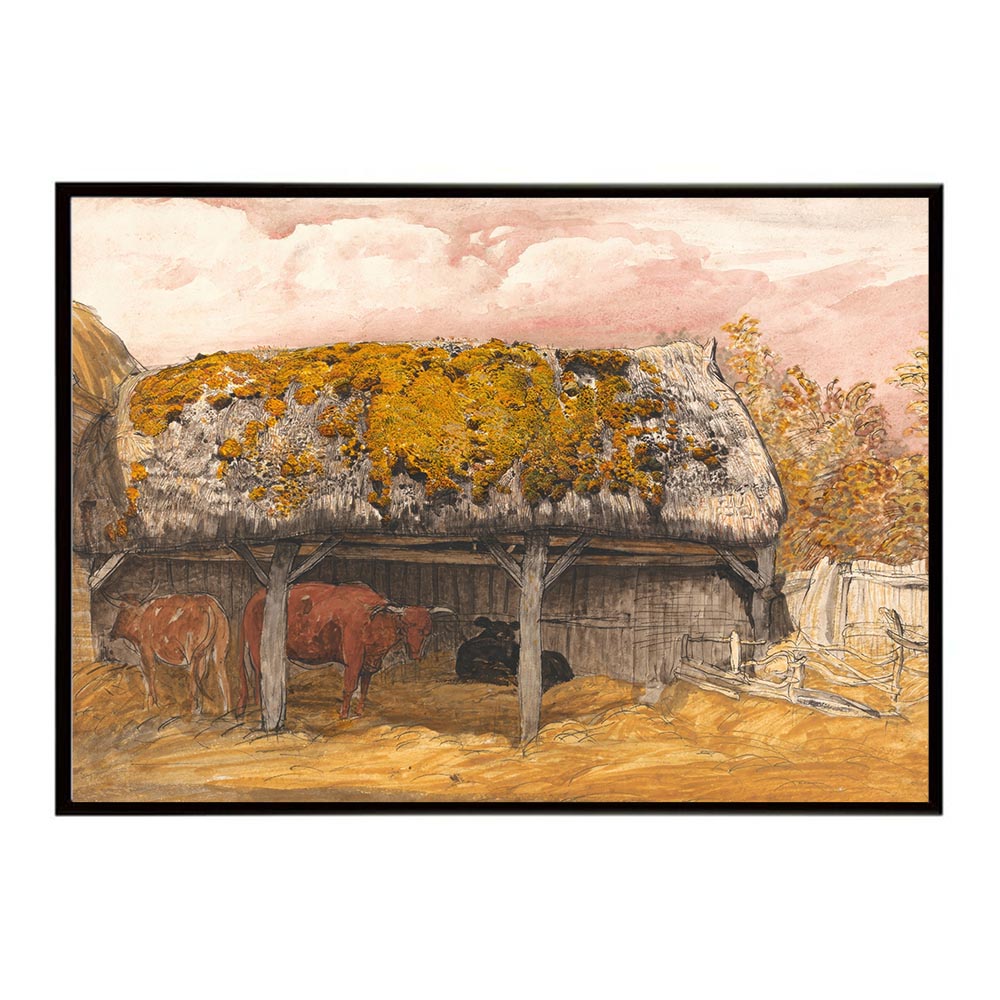 【作品名】A Cow Lodge with a Mossy Roof 【このポスターについて】苔むした屋根の牛舎を描いた作品。自然と共生する農場の雰囲気が伝わる、心地よい風景が特徴です。詳細は不明ですが、魅力的な風景が描かれています。【EF...