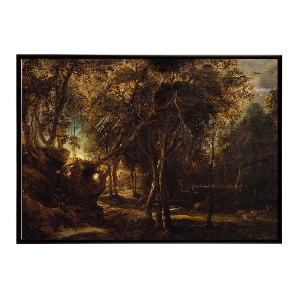 【作品名】A Forest at Dawn with a Deer Hunt 【このポスターについて】夜明けの森での鹿狩りを描いた作品。朝の静寂と狩りの緊張感が見事に描かれています。詳細は不明ですが、魅力的な風景が描かれています。【EFPI...