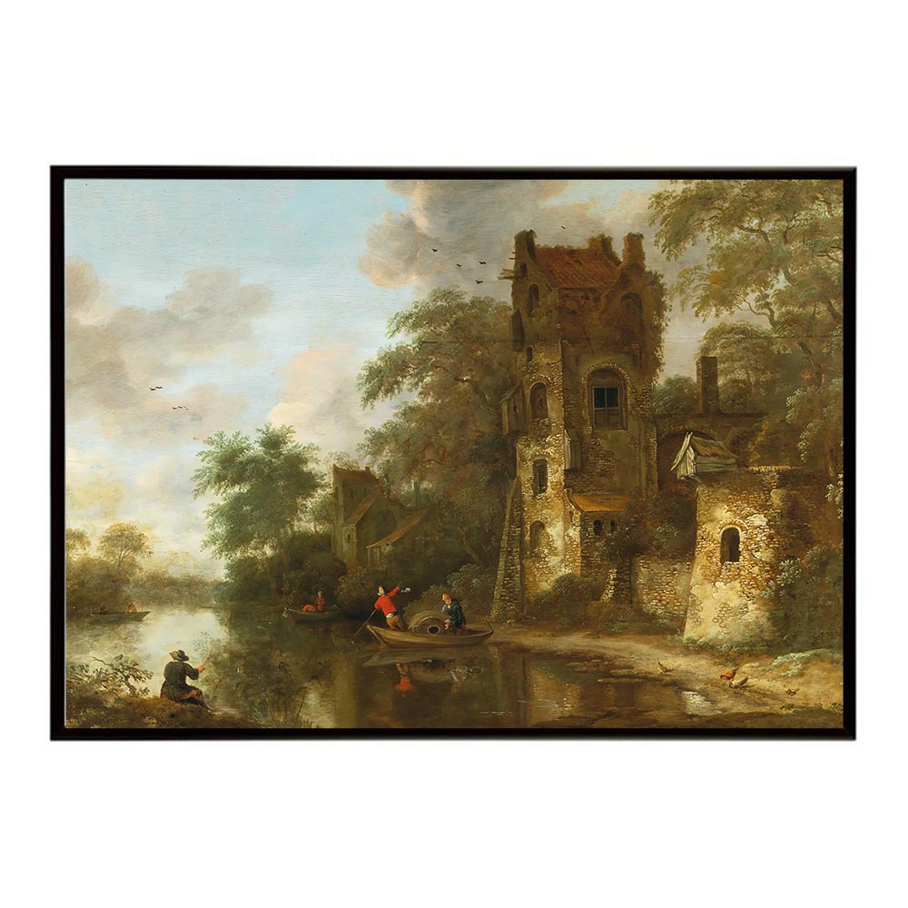 【作品名】A landscape with a ruin on the bank of a river 【このポスターについて】川岸にある廃墟を含む風景を描いた作品です。過去の栄光を思わせるような雰囲気が描かれています。詳細は不明ですが、魅...