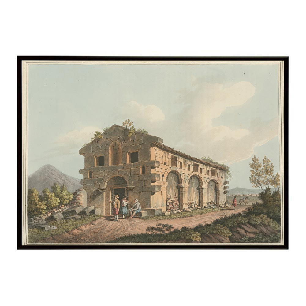 【作品名】Ancient Bath near the Fountains of the Palici 【このポスターについて】パリチの泉の近くにある古代の浴場を描いた作品です。古代の建築物とその歴史的背景が描かれています。詳細は不明ですが、...