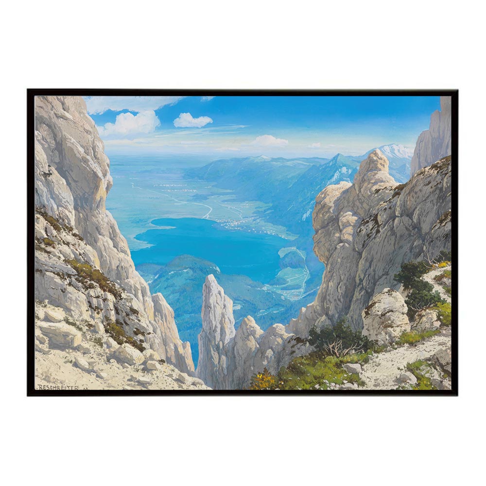 【作品名】Blick vom Grat zwischen Herzogstand und Heimgarten auf den Kochelsee 【このポスターについて】ヘルツォークシュタンドとハイムガルテンの尾根からコッヘル湖を見渡す風...