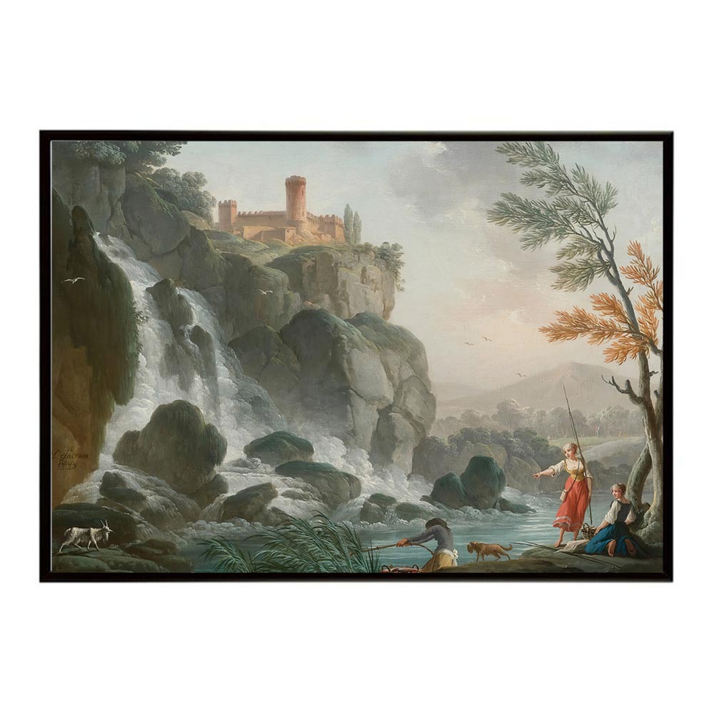【作品名】Fishing At The Edge Of A River With A Waterfall Below A Castle【このポスターについて】城の下に滝が流れる川の端で釣りをする様子を描いた作品です。歴史と自然が交差する美し...