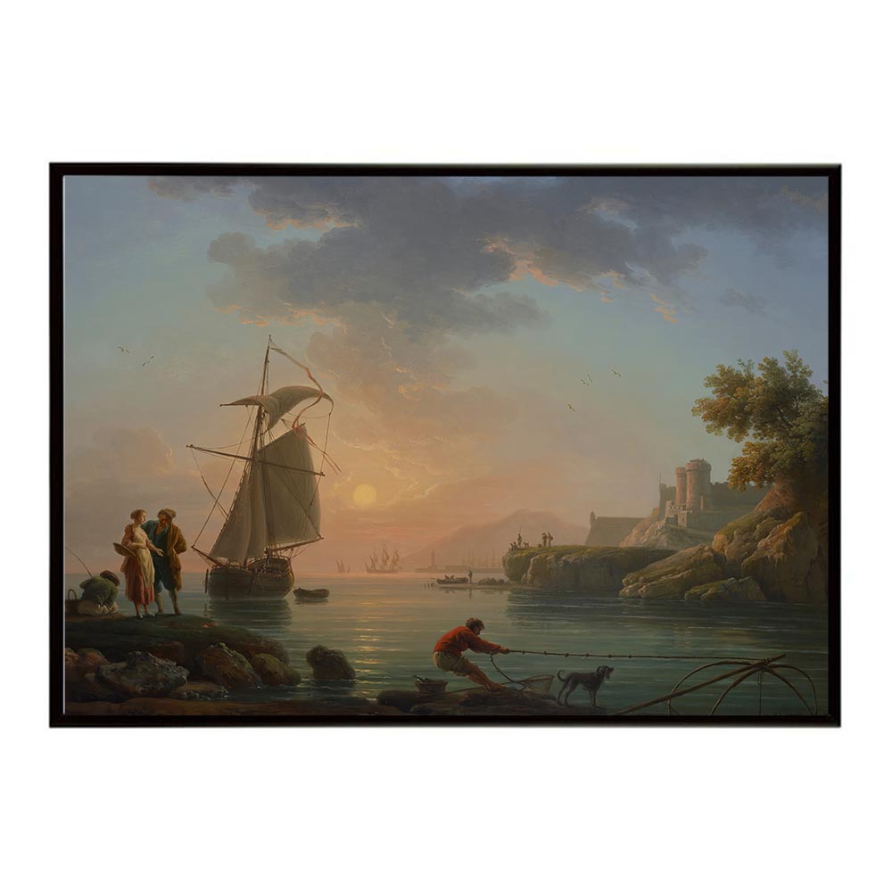 【作品名】Mediterranean port at sunset with a fisherman in the foreground【このポスターについて】夕焼けの地中海の港と手前に漁師が描かれた作品です。自然の美しさと人々の生活が感じ...