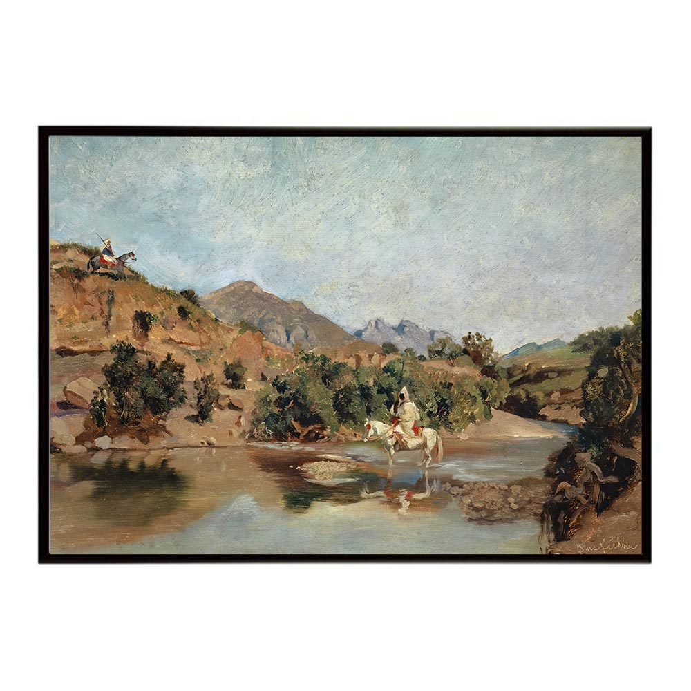 【作品名】Moroccan Rider Crossing the Ford at Wad Boswicha【このポスターについて】ワド・ボスウィシャで浅瀬を渡るモロッコの騎士を描いた作品です。異国情緒と冒険の雰囲気が漂います。【EFPIのポ...