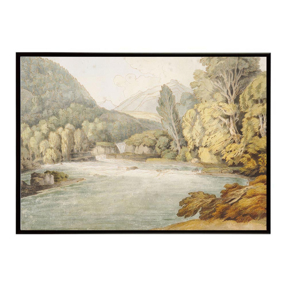 【作品名】River Scene With Mountains probably Lake District【このポスターについて】おそらく湖水地方の山々を背景にした川の風景を描いた作品です。自然の壮大な美しさが広がります。【EFPIのポス...