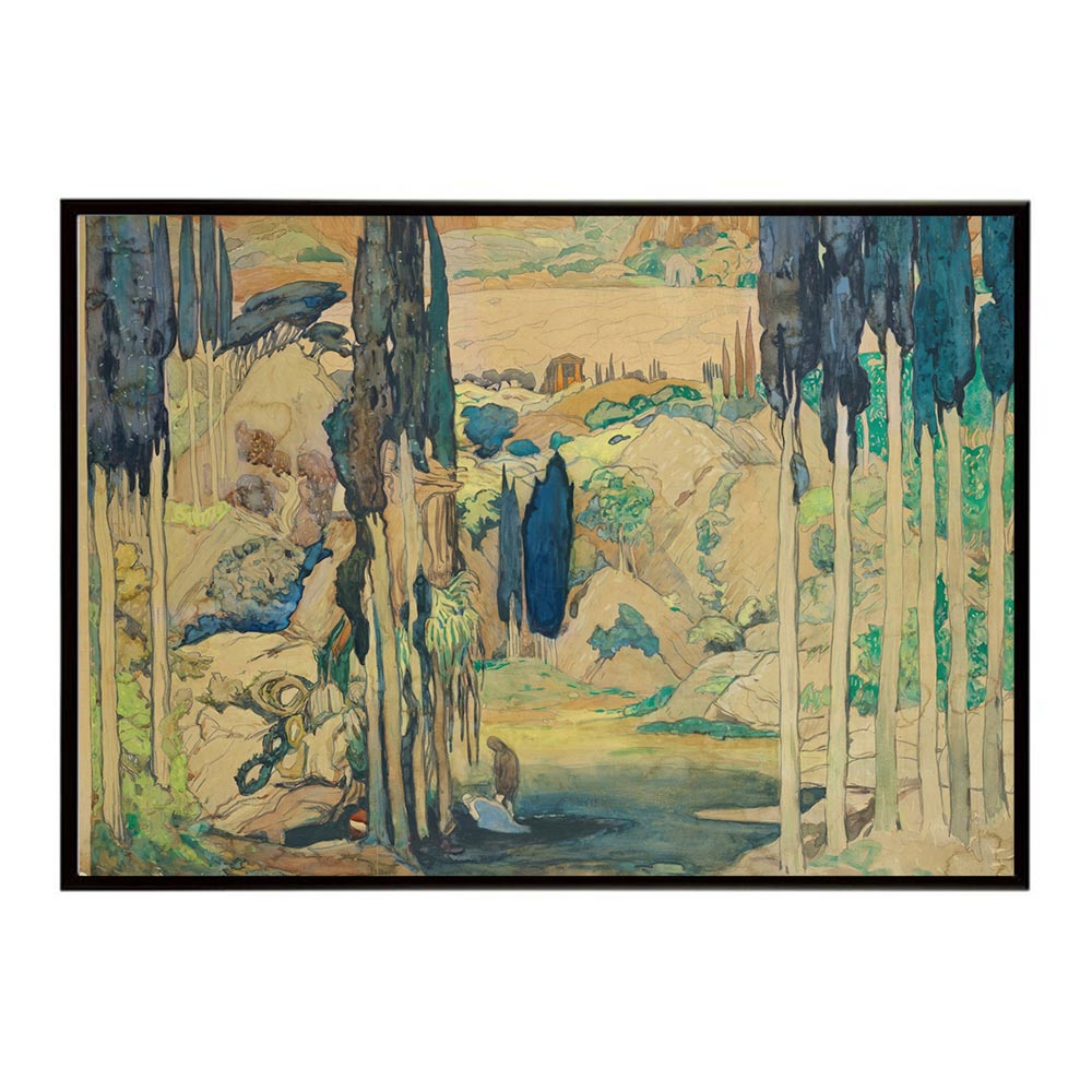 【作品名】Stage design for ‘Daphnis et Chloe’; Acts I and III【このポスターについて】『ダフニスとクロエ』の第一幕と第三幕のための舞台デザインです。古代の牧歌的な風景が広がっています。【EF...