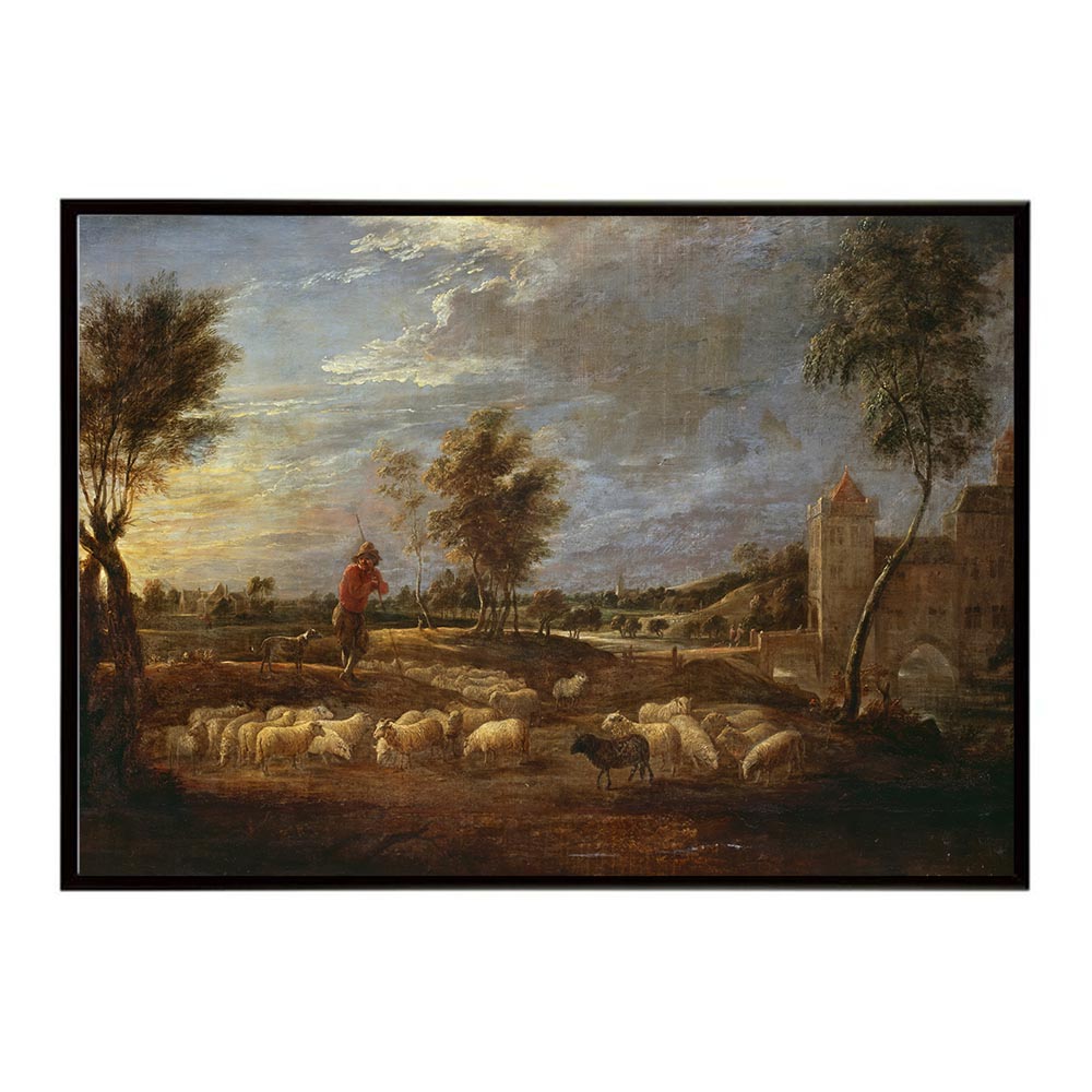 【作品名】Sunset Landscape with a Shepherd and his Flock【このポスターについて】羊飼いとその群れがいる夕暮れの風景を描いた作品です。穏やかな一日の終わりが表現されています。【EFPIのポスターに...