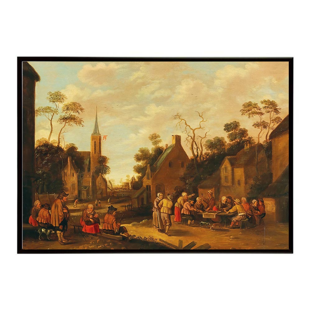 【作品名】Village scene with peasant festivities【このポスターについて】農民たちの祝祭の風景を描いたポスターです。地元の人々が集まり、伝統的な踊りや音楽を楽しむ様子が描かれており、温かいコミュニティの雰...