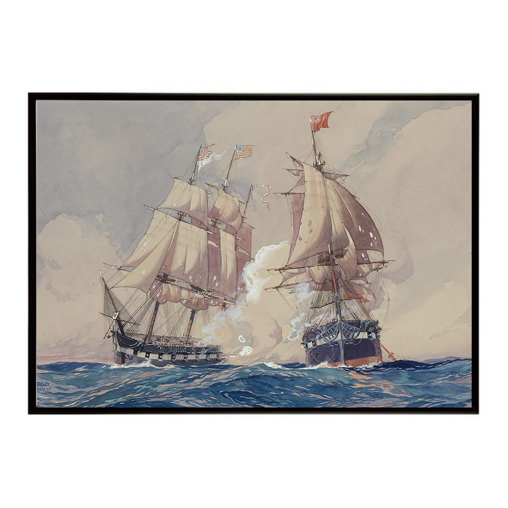 【このポスターについて】アメリカ独立戦争時のU.S.S.レンジャーとH.M.S.ドレイクの海戦を描いたポスターです。壮絶な戦いの瞬間がリアルに表現されており、歴史のドラマを感じさせます。力強さと歴史をインテリアに取り入れたい方におすすめです...