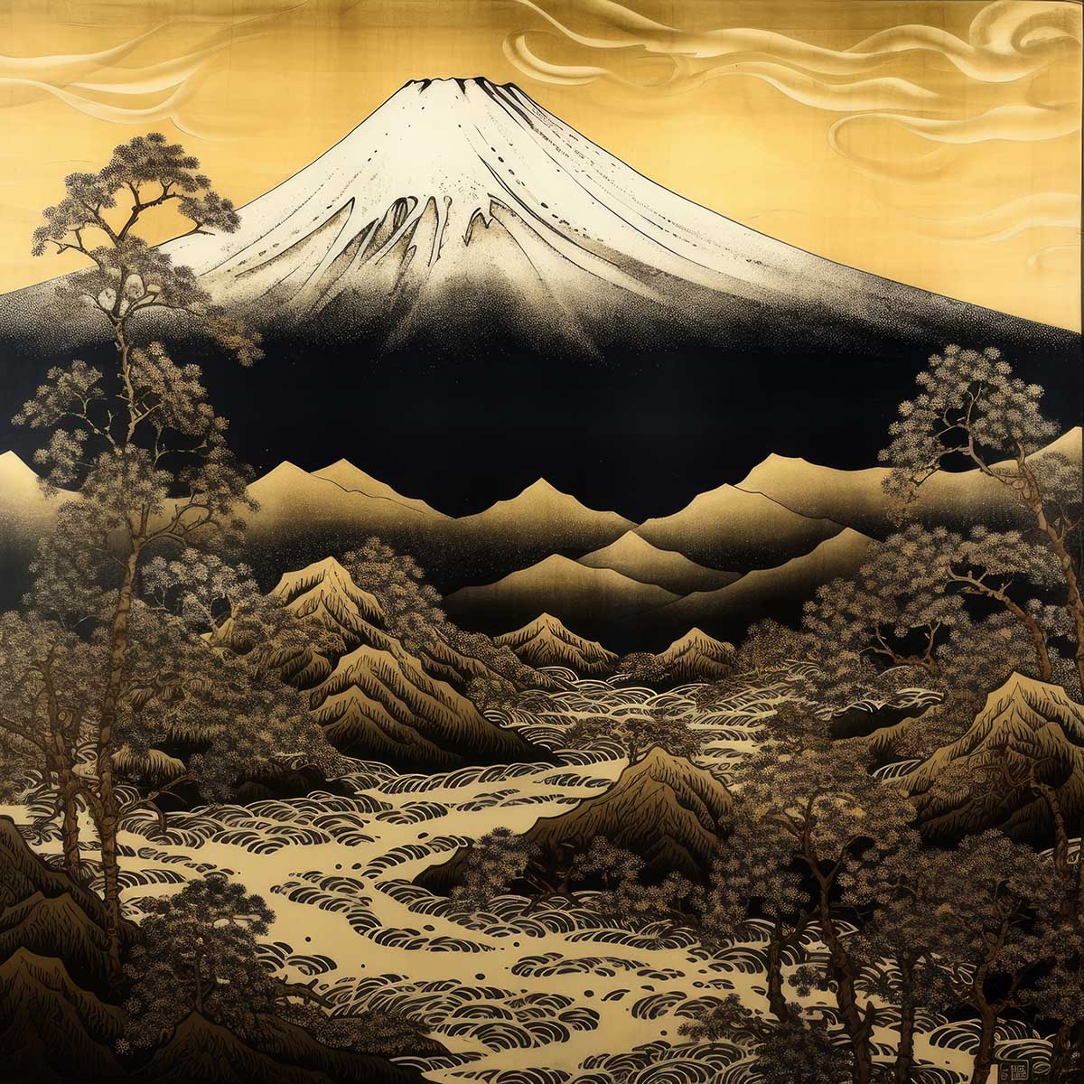 【このポスターについて】 このアートワークは、富嶽、あるいはふじの山とも称される、日本最高峰の山々を金色で描き出し、空間に豊かさと調和をもたらすデザインが特徴です。その温かな輝きは、現代の居住空間を彩るだけでなく、金運上昇の象徴としても受け...
