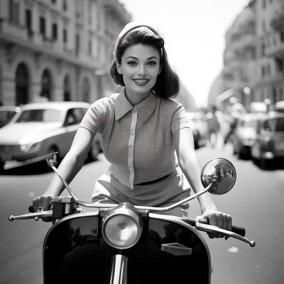 【このポスターについて】 エレガントな都市の風景を背景に、バイクに乗る女性の姿を捉えたこのポスターは、時代を超えたスタイルをお部屋にもたらします。クラシックな白黒写真は「ローマの休日」を彷彿とさせ、無駄のないシンプルな美しさで、瞬く間に空間...