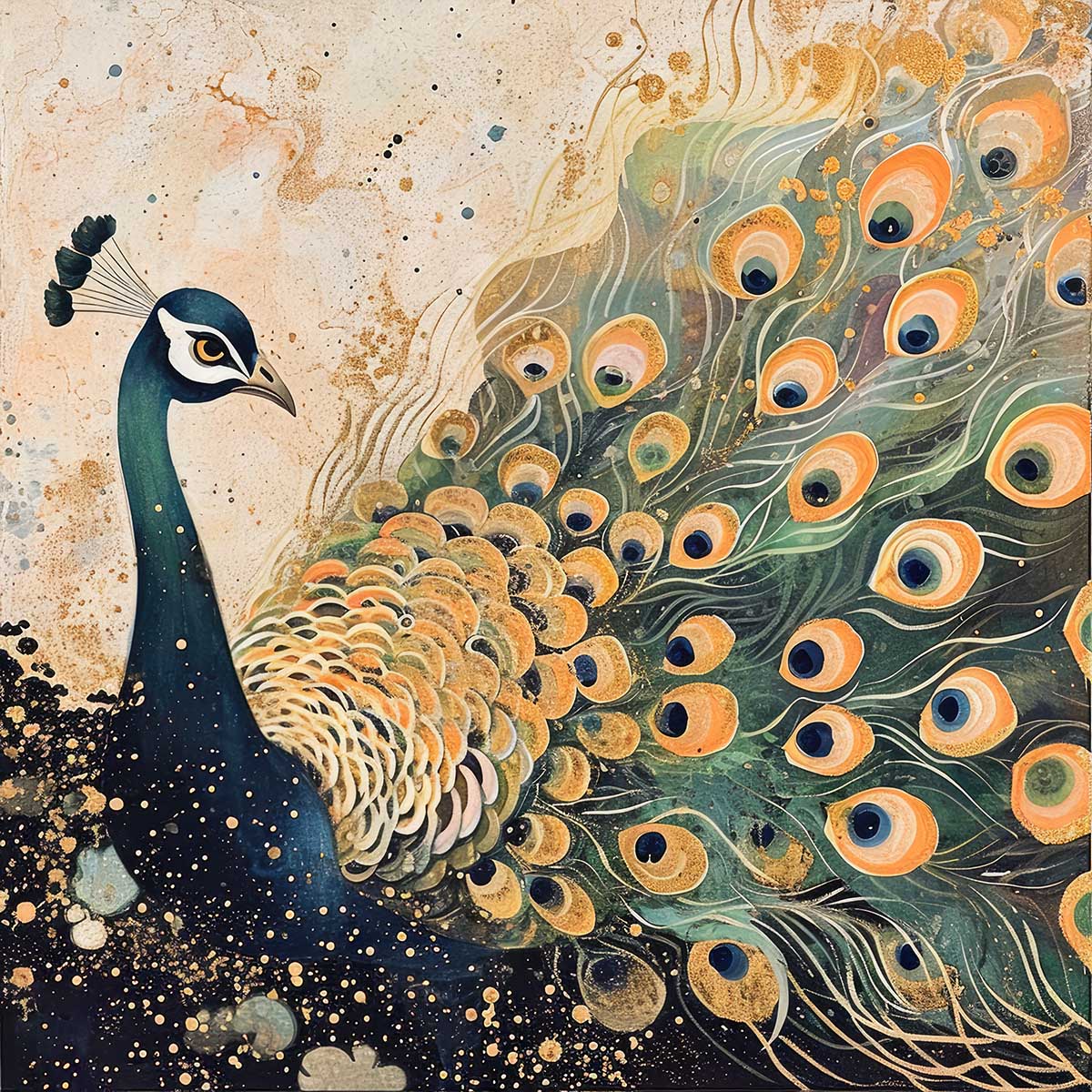 【このポスターについて】 優美な孔雀を描いたこのポスターは、インテリアに独特の魅力を与えるアイテムです。孔雀の羽の壮麗な色彩と細やかな模様は、部屋に豊かな文化的な雰囲気と洗練されたエレガンスをもたらします。広く開かれた孔雀の羽は、古来より繁...