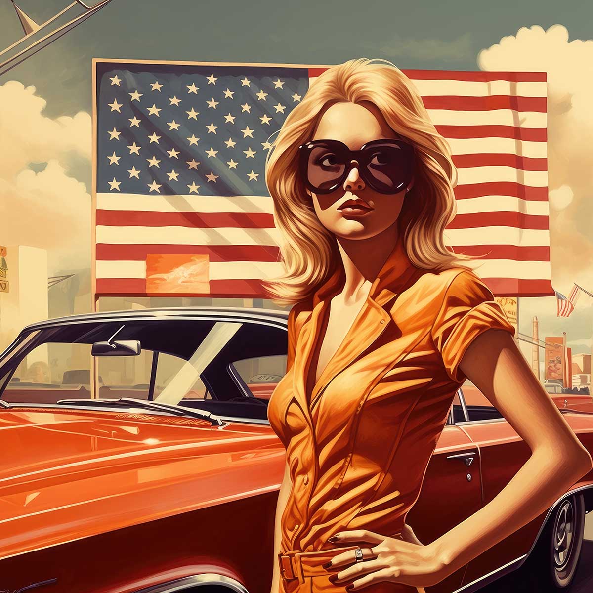 【このポスターについて】 このポスターは、70年代や80年代のアメリカのエッセンスを凝縮したデザインです。モチーフには、活気に満ちた人々の様子、光輝くマッスルカー、そしてレトロなダイナーが取り入れられており、その時代の自由な精神と楽観主義を...