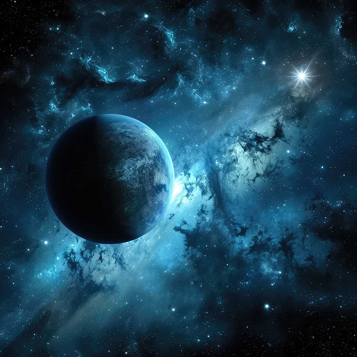 【このポスターについて】 宇宙の壮大さを感じさせるポスターで、日常の空間に天体の魅力を取り入れてみませんか？深い宇宙の青と星々が織り成す光のテープストリーは、見る者を星間の旅へと誘います。このアートピースは、夜空を見上げることの喜びと、宇宙...