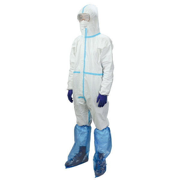 手軽に全身防護 サイズ：防護服：総丈約1700×胸囲約1240×袖丈約850mm、上着の裾囲約160mm、ズボンの裾囲約220mm、ビニール製靴カバーロング：約340×600mm、ゴム部分90mm、不織布マスク：約175×95mm、ニトリル...