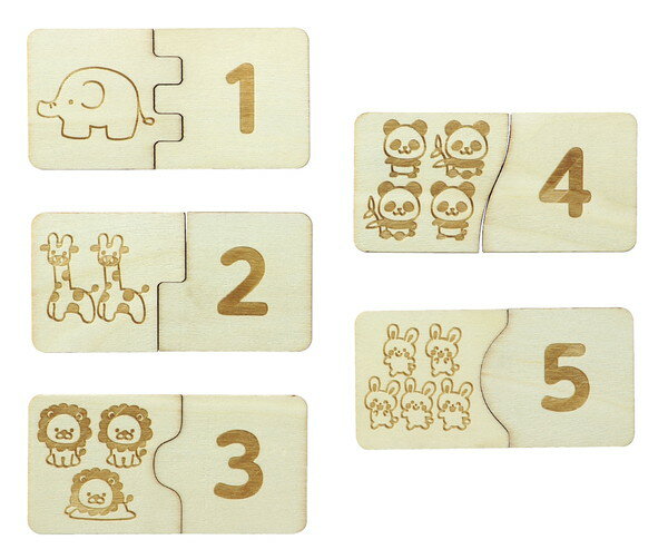 動物のイラストと数字を組み合わせる木製のパズルです。 楽しく数字が学べます。 サイズ：103×55×55mm セット内容：イラストパズル×10、数字パズル×10 重量（g）：73 材質：木 包装形態：化粧箱入り 包装サイズ：103×55×5...
