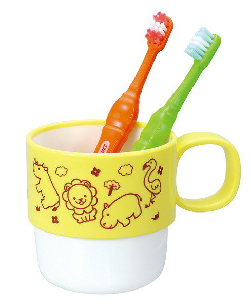 コップと歯ブラシのセット！楽しく歯磨きをしよう！ サイズ：コップ：70×103×71mm、歯ブラシ：長さ約140mm セット内容：コップ×1、歯ブラシ×2 重量：71g 材質：コップ：PP、歯ブラシ：PP・ナイロン 包装形態：PP袋入 包装...