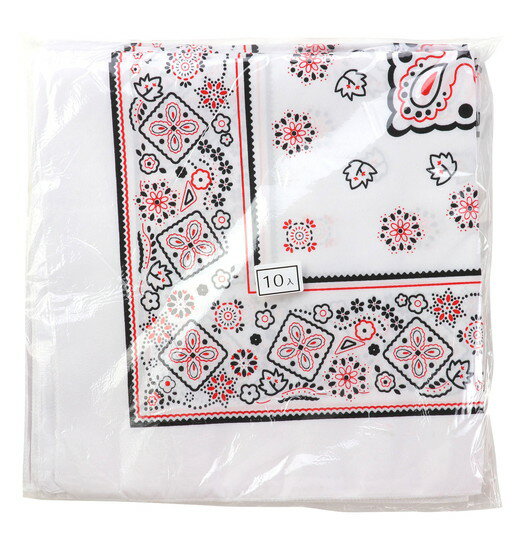 頭に巻いたり、首に巻いたり使い方いろいろ！ 10枚入りお得セット ※実際の商品は、写真の色と若干異なる場合がございます。予めご了承ください。 商品サイズ（単位mm)：約550×550mm セット内容：バンダナ 白×10 1個重量（g）：21...