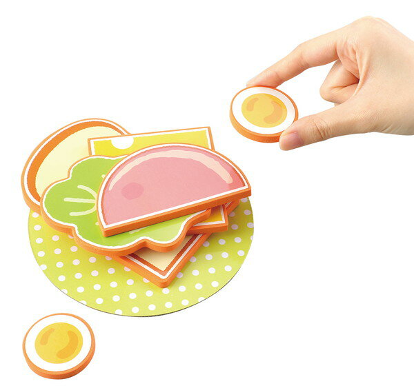 ハムやチーズをパンにはさんでサンドイッチを作ろう！ オリジナルサンドイッチを作成できます。EVA素材にシール貼って作るので簡単に遊べます。 商品サイズ（単位mm)：パン・具材：200×150×7mm、お皿シート：φ150mm セット内容：本...
