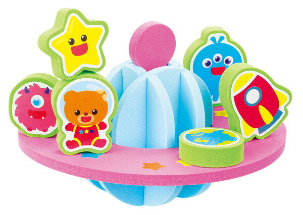 UFO？惑星？全てのパーツを上手に乗せて旅をしよう！ バランスパーツは11ピース 商品サイズ（単位mm)：完成サイズ：140×95mm、バランスパーツ（EVA)：160×110×10mm、土台パーツ：150×150×5mm、165×165×...