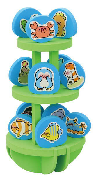 全てのパーツを落とさずに土台に置けるかな？ はじらっているうみのなかまのバランスゲーム 商品サイズ（単位mm)：バランスパーツシート（EVA)：220×150×10mm、タワーパーツシート1（EVA)：250×210×10mm、タワーパーツ...