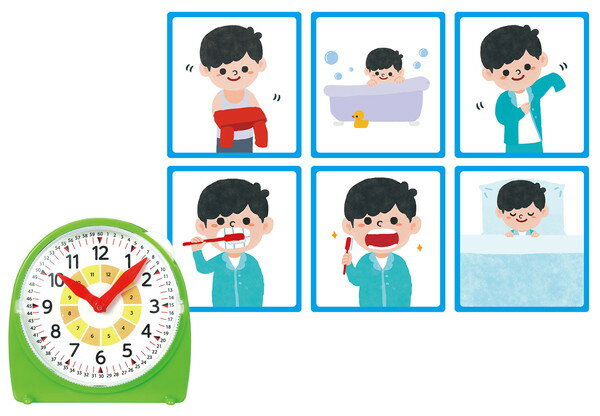 6枚のカードを揃えてお話を完成させよう! 6枚のカードで物語をつくることで、物事を順序立てて説明する力を育みます。 付属の時計で時間の勉強もできます。 付属の時計で時間の勉強もできる 商品サイズ（単位mm)：カード:83×76mm、時計:1...