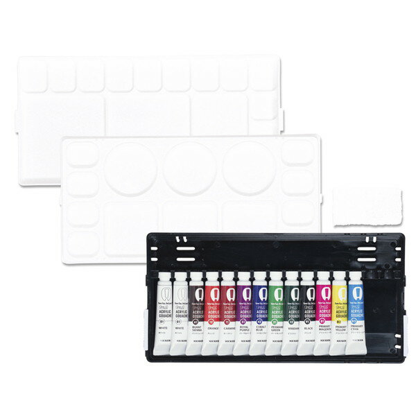 三原色が入った絵具セット！デッサンスケール付き！ 25cm定規（別売）が収納できるケースに三原色を含む12色を収録しています。 パレット2枚とミニタオル、デッサンスケール付きです。 商品サイズ：142×291×37mm（収納時） セット内容...