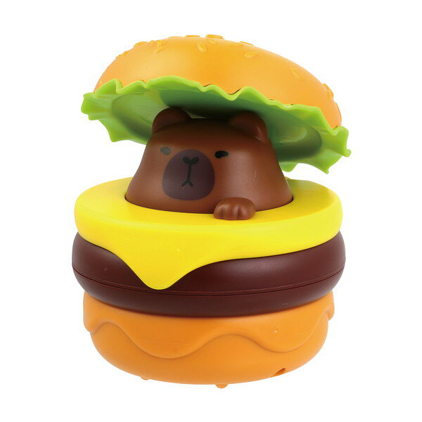 ハンバーガーに入ったカピバラを勢いよく発射させよう！ カピバラとハンバーガーが一体化した、見た目もユニークなおもちゃです。 ハンバーガーのバンズ部分を押して手を離すと、勢いよくビューンと走り出します。 かわいらしいデザインと、盛り上がる発射...