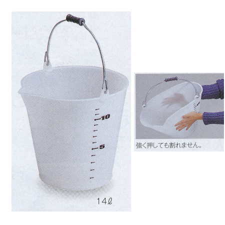 特長 　衝撃に強く、壊れにくい丈夫なバケツ。 　便利な容量目盛り付きです。 　強く押しても割れません。 材質：ポリエチレン・EVA・ステンレス サイズ：約直径280X高さ275mm 容量：約14L 重量：約677g ケースの場合の入り数：2...