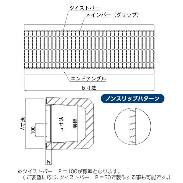 材質：スチール 形状：U字溝 荷重：T-2 普通目グリップタイプ グレーチングサイズ　a×b×h：440×995×32(mm) A部分：510 エンドアングルサイズ：L-5×40×40(mm) 重量：21.7kg●メーカー直送品のためお支払...