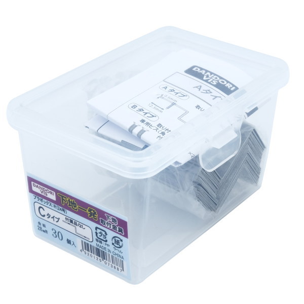 釘がビスが付属しない下地取付補強金具。 　お手持ちのビス・釘をご使用ください。 容器サイズ（mm）：W76×D118×H67 重量（g）：530