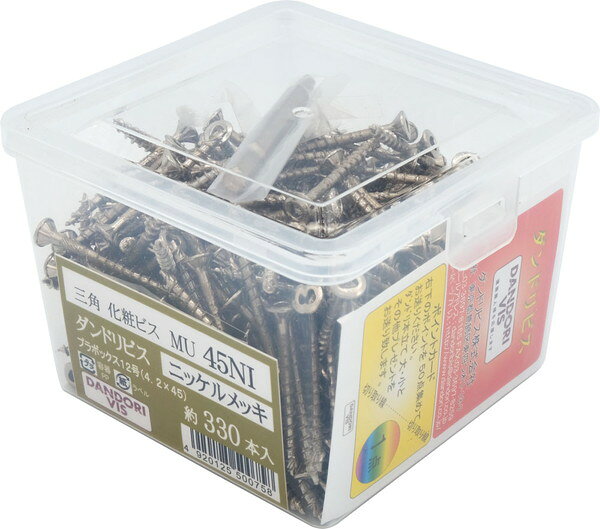 造作家具に最適。 施工性抜群の三角頭が扱いやすい、中細タイプの化粧ビス。 化粧性に特化した全3色。 ニッケル 容器サイズ（mm）：W120×D120×H90 重量（g）：1070関連商品 ●ダンドリビス 三角化粧ビス MU ニッケルメッキ ...