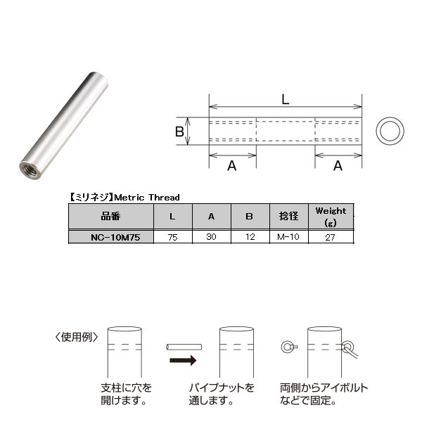 左右とも右ねじです。 ボルトは貫通しません。 材質：ステンレスSUS304関連商品 ●水本機械 パイプナット ミリネジ ステンレス NC-4M50 ●水本機械 パイプナット ミリネジ ステンレス NC-6M50 ●水本機械 パイプナット ミ...