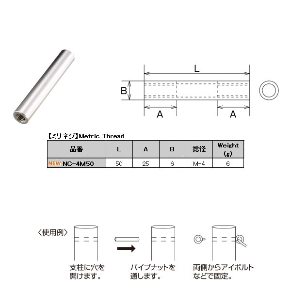 左右とも右ねじです。 ボルトは貫通しません。 材質：ステンレスSUS304関連商品 ●水本機械 パイプナット ミリネジ ステンレス NC-4M50 ●水本機械 パイプナット ミリネジ ステンレス NC-6M50 ●水本機械 パイプナット ミ...
