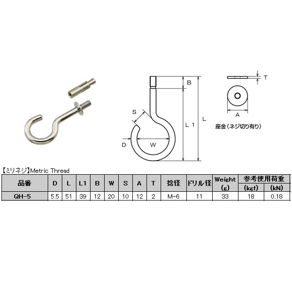 材質 　本体：ステンレスSUS304 　カットアンカー：鉄関連商品 ●水本機械 吊りフック ミリネジ ステンレス QH-5 コードNO.1409 ●水本機械 吊りフック ミリネジ ステンレス QH-6 コードNO.1410 ●水本機械 吊り...