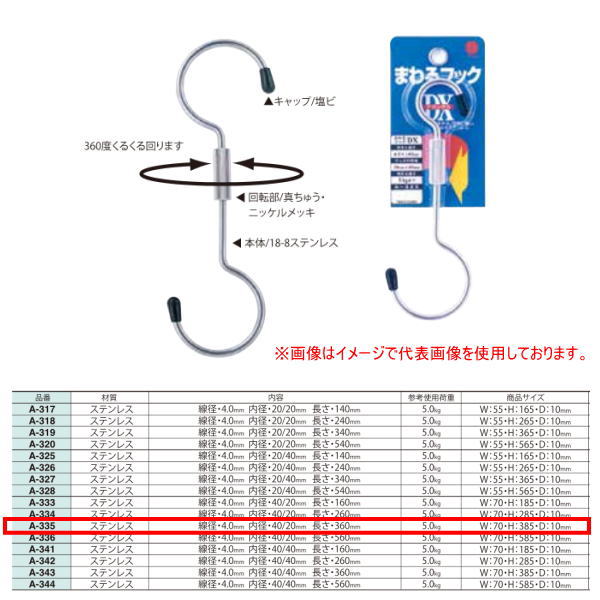 フックが回る モノを掛けたり、吊るしたり、フックは応用範囲の広いパーツです。 このフックをもっと便利にするため、フックを自由に回せるようにしました。 回る機能で陳列商品の裏表を見せることができます。 材質も水に強く美しい18-8ステンレス。...
