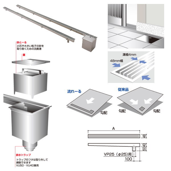 ●砂も取る ※排水トラップ付です。 ●仕上が美しい 美しいステンレス製。幅48mmと目立たないので、玄関の美観を損ないません。溝幅も4mmと狭く、排水溝のイメージを一新しました。(トラップ付の場合、フタの指穴は直径14mmあります) ●快速...