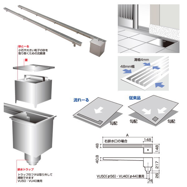 ●砂も取る ※排水トラップ付です。 ●仕上が美しい 美しいステンレス製。幅48mmと目立たないので、玄関の美観を損ないません。溝幅も4mmと狭く、排水溝のイメージを一新しました。(トラップ付の場合、フタの指穴は直径14mmあります) ●快速...