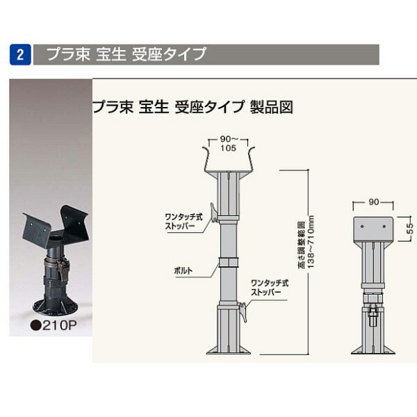 材質：PP＋ガラス繊維 高さ調整範囲：138〜215mm 最大荷重強度：15．41kN（1572kgf） 最大荷重強度値は最大L寸法時の測定値であり、保証値ではありません。 調整後の固定がワンタッチの機構で施工性アップ。 従来品（プラ束）と...