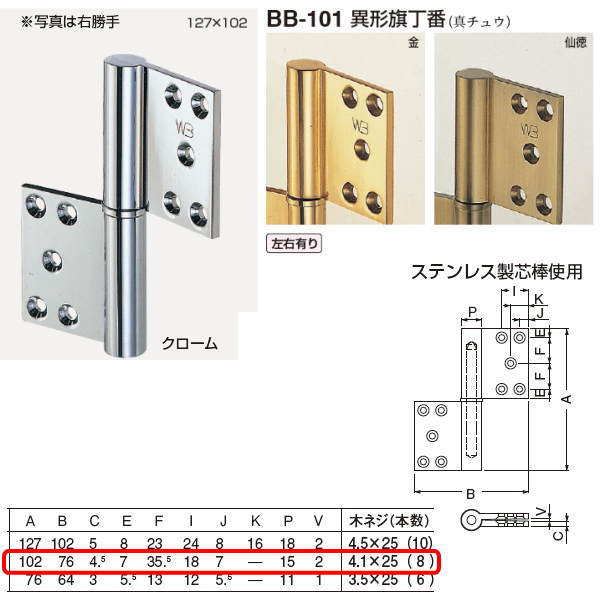 特長 　ステンレス製芯棒使用 木ネジ：4.1×25 8本 材質：真チュウ サイズ：102× 76×4.5mm 箱の場合の入数（2）●仕様・寸法・デザインについては予告なく変更されることがあります。 ●画像はイメージです。代表画像を使用するこ...