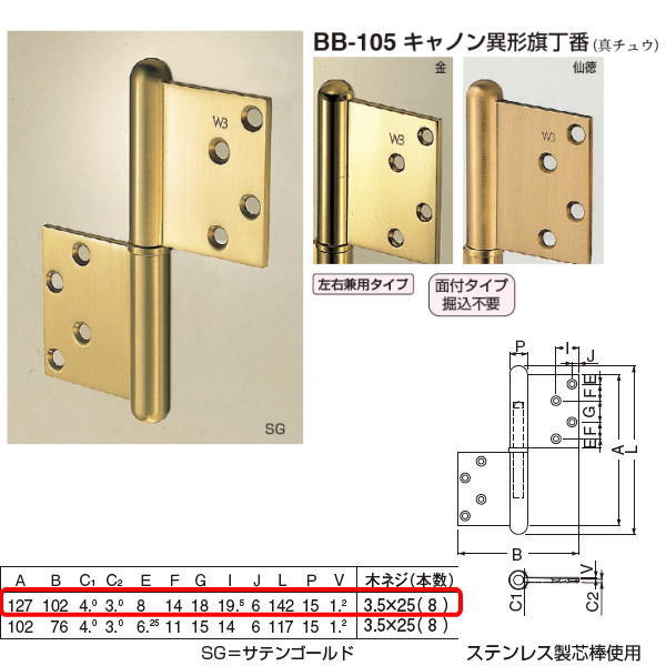 特長 　左右兼用タイプ 　面付タイプ掘込不要 　ステンレス製芯棒使用 材質：真チュウ サイズ：127×102×4.0mm 木ネジ：3.5×25 8本 箱の場合の入数（2）●仕様・寸法・デザインについては予告なく変更されることがあります。 ●...