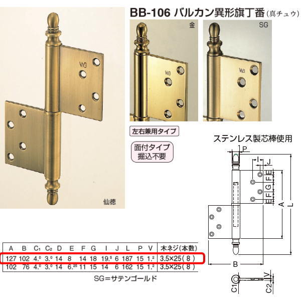 特長 　左右兼用タイプ 　面付タイプ掘込不要 　ステンレス製芯棒使用 材質：真チュウ サイズ：127×102×4.0mm 木ネジ：3.5×25 8本 箱の場合の入数（2）●仕様・寸法・デザインについては予告なく変更されることがあります。 ●...