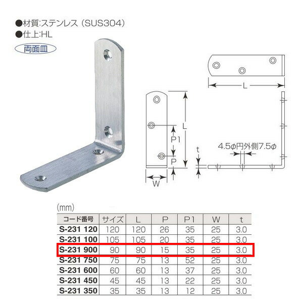 材質：ステンレス（SUS304） 両面皿 （注）3.5mmのビスをご使用下さい。