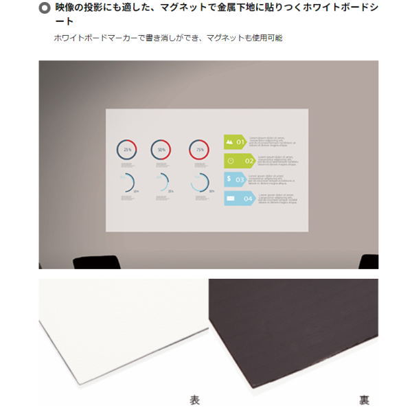 特長 　金属下地に貼りつける、映像の投影にも適したマグネットタイプのホワイトボードシート。 　ホワイトボードマーカーで書き消しができ、マグネットも使用可能です。 使用できる下地 　金属面（保持力があるものに限る） 　ホワイトボード 　黒板　...